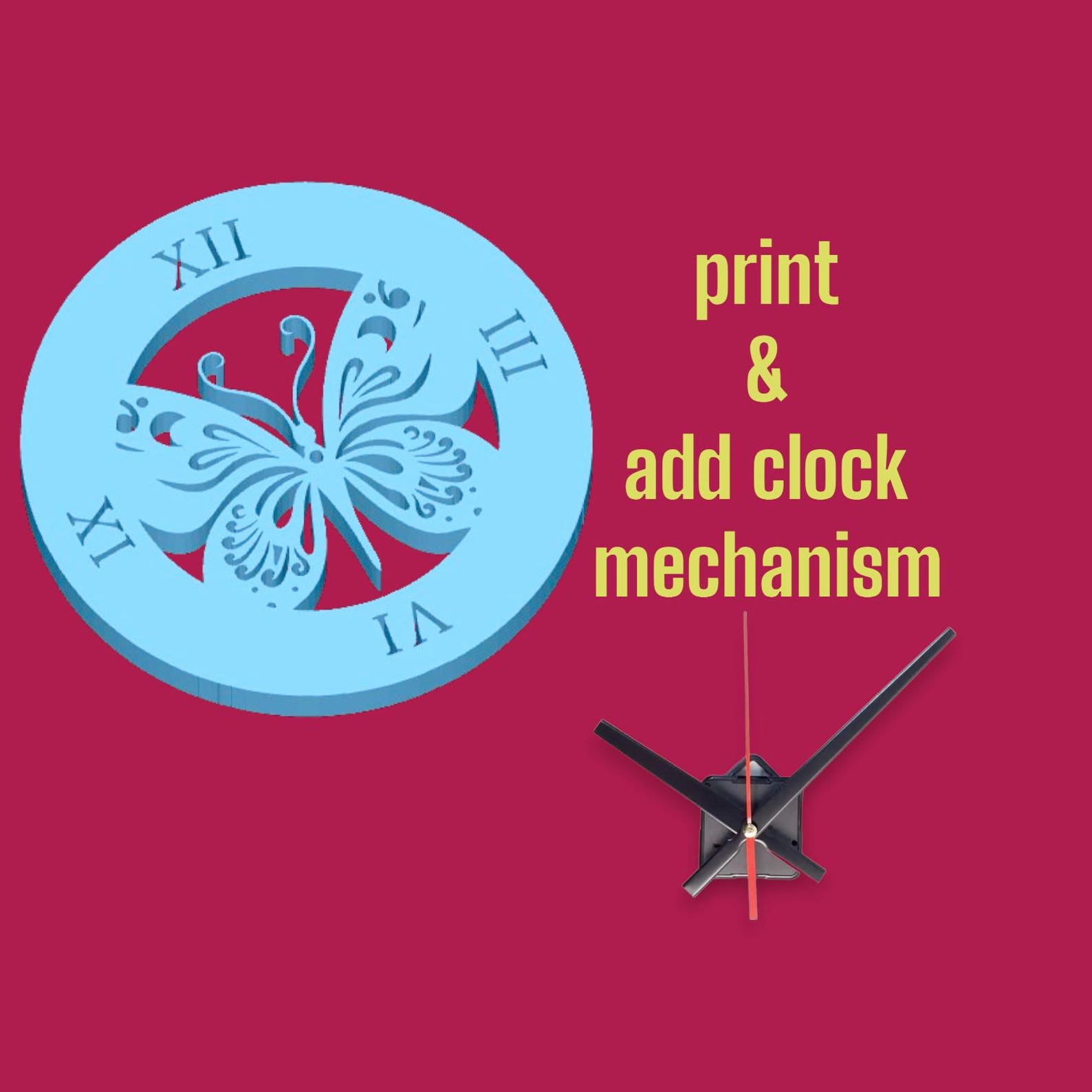 Wall Clock STL File for 3D Printer, Butterfly Background Wall Clock ...