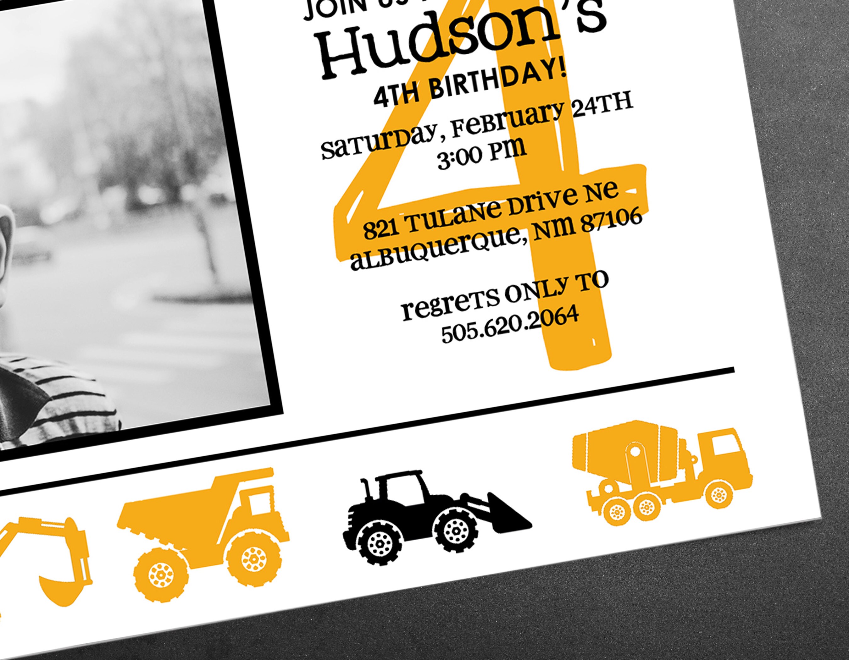 Construction Birthday Invitations With Photo, Excavator Birthday ...