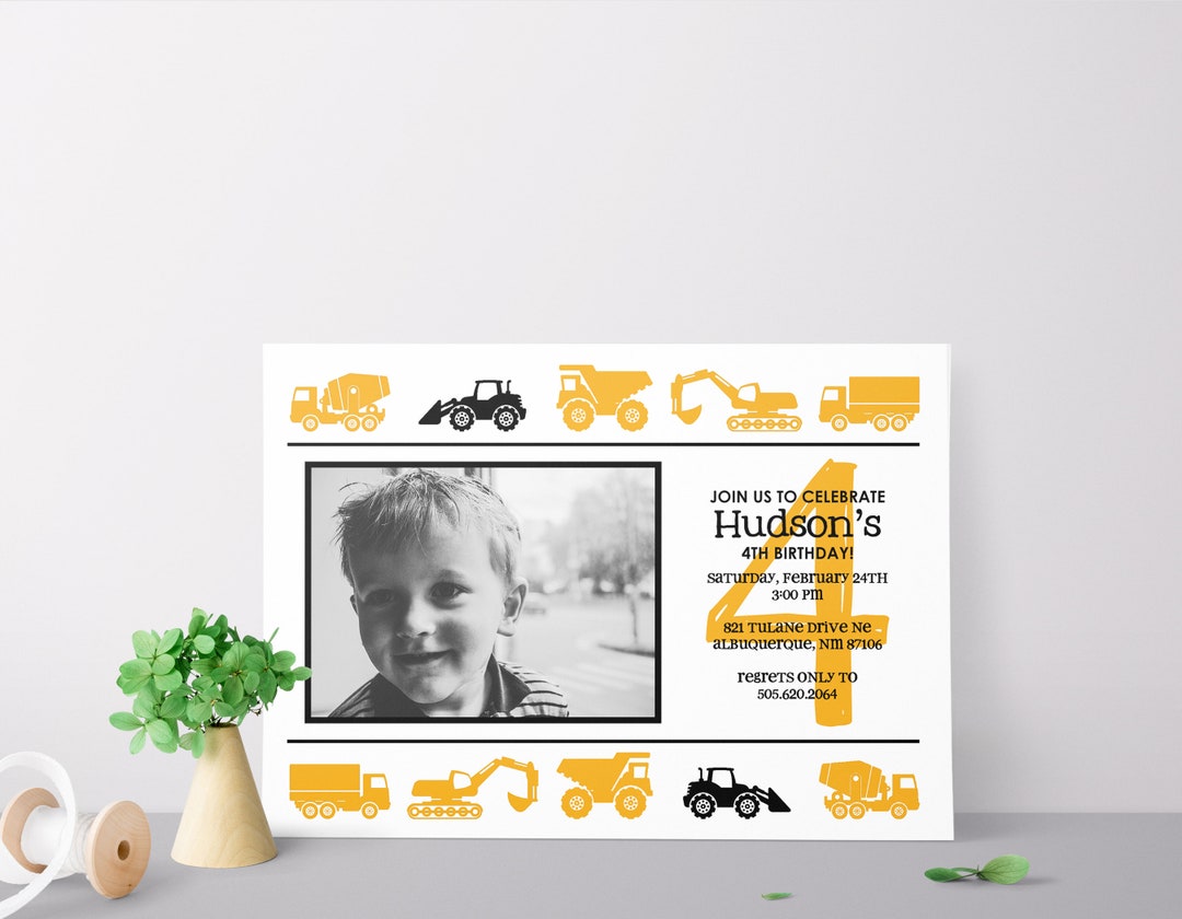 Construction Birthday Invitations With Photo, Excavator Birthday ...