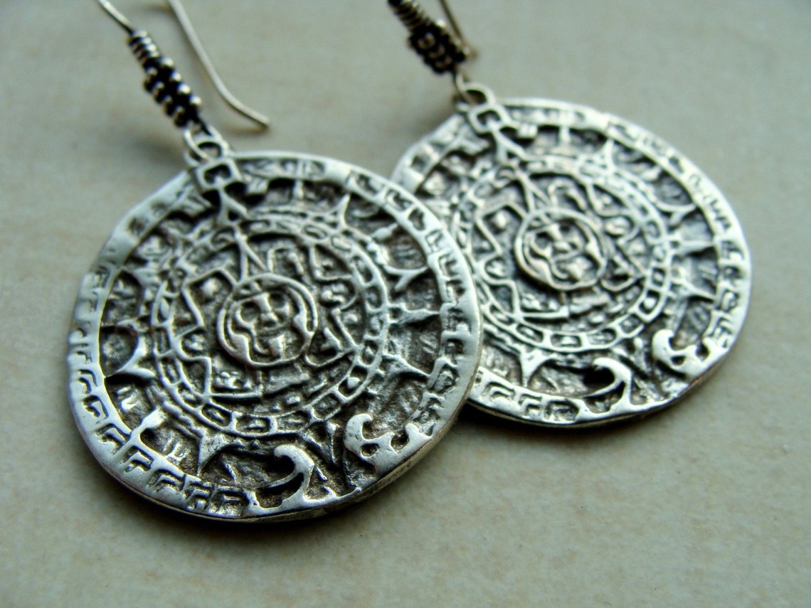 Mayan Calendar Disk of Sun Mayan Earrings Sterling Silver - Etsy