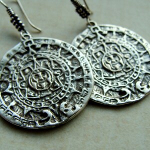 Mayan Calendar Disk of Sun - Mayan Earrings Sterling Silver - Mayan Sun ...