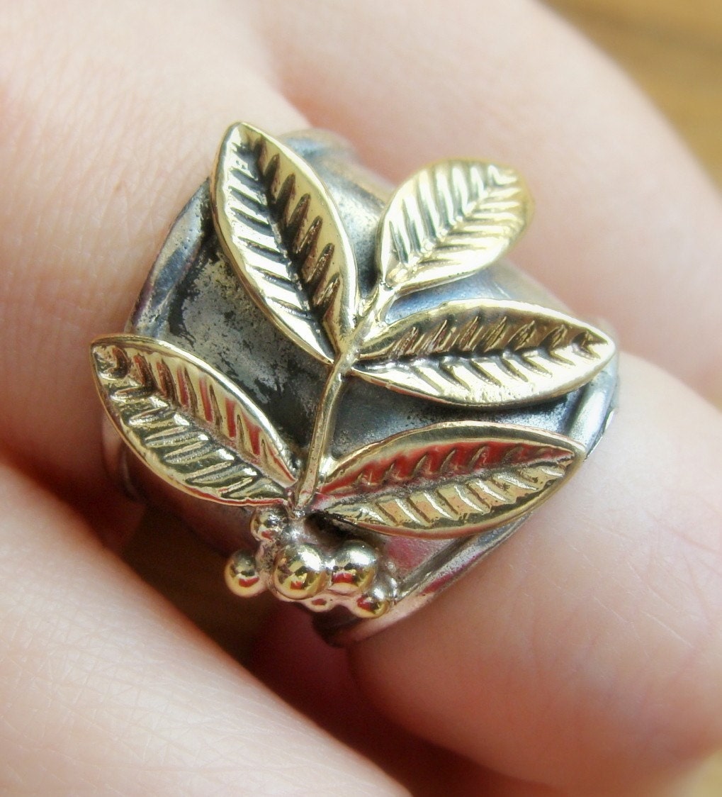 Wide Band Silver Ring - Olive Ring - Silver and Brass Floral Ring ...