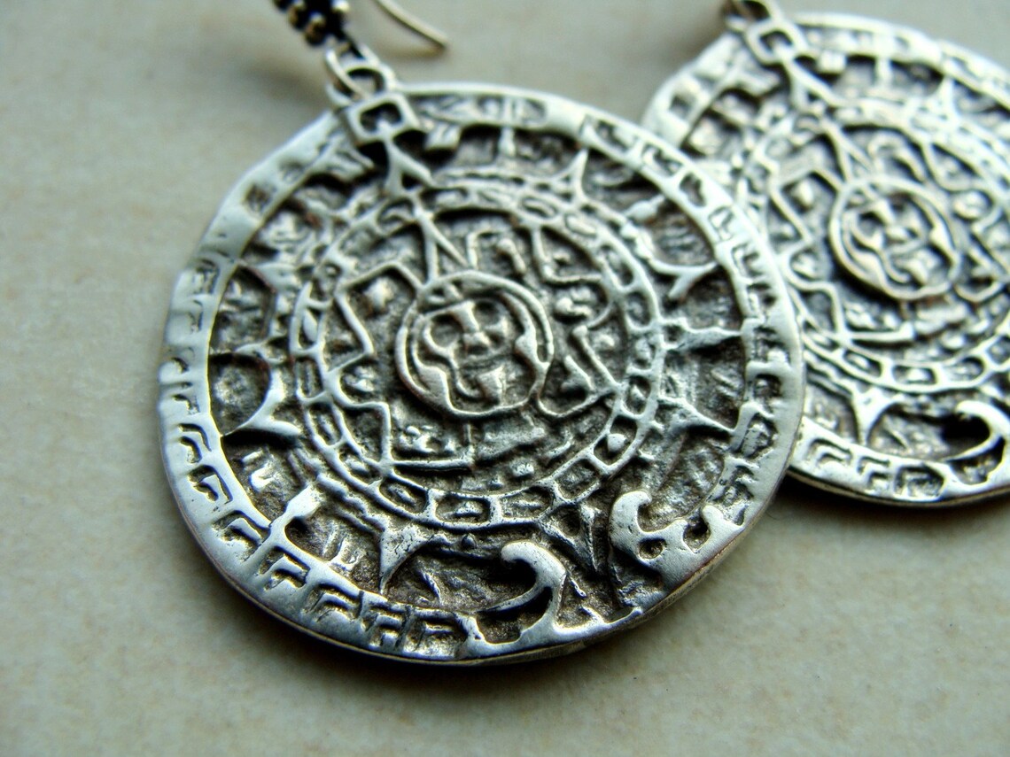 Mayan Calendar Disk of Sun Mayan Earrings Sterling Silver - Etsy