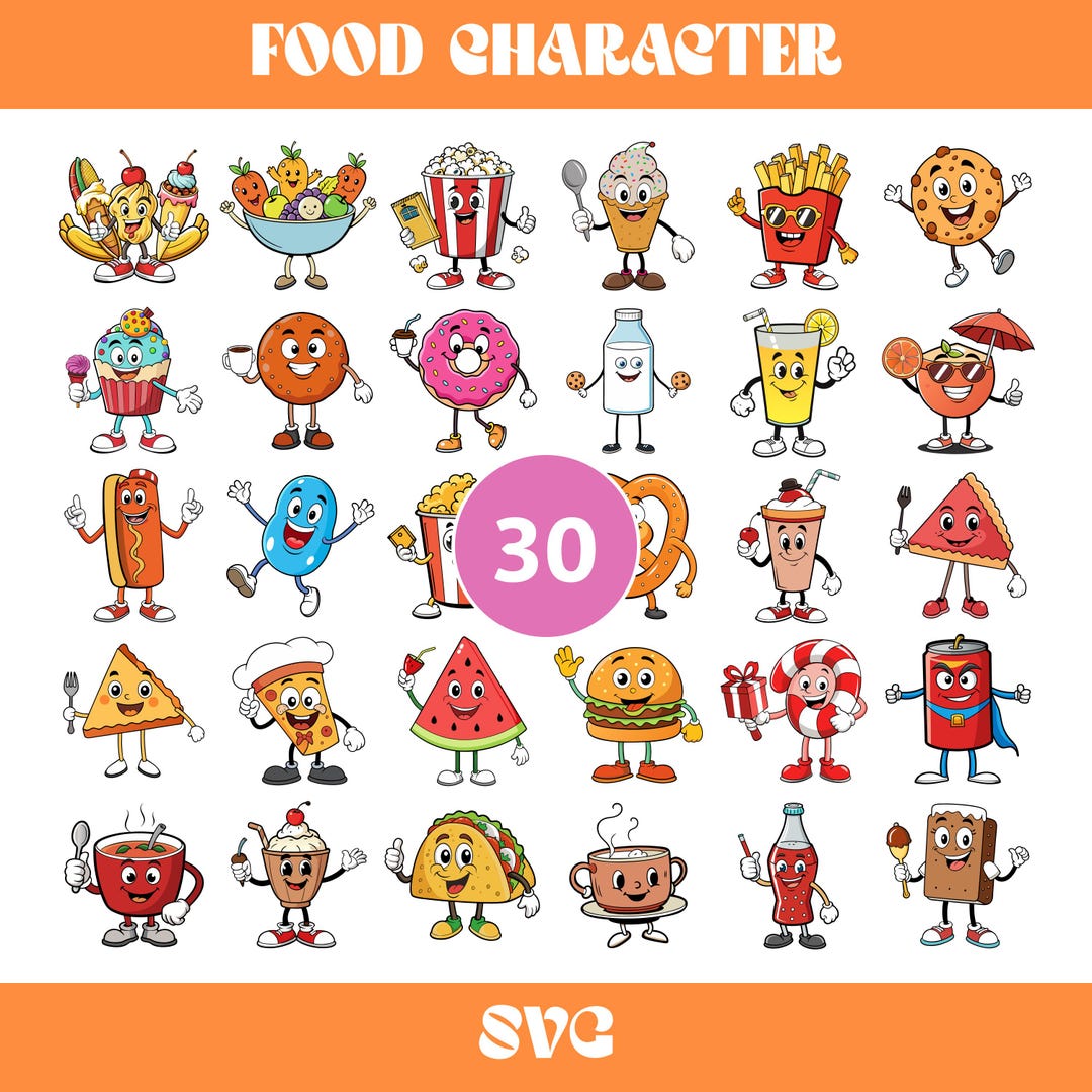 30 Retro Food Character Collection - SVG, Clip Art, Digital Download ...