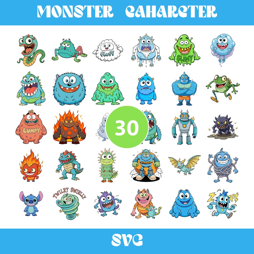 30 Monster Character SVG Collection Retro Cartoon Monster Maker Kit ...