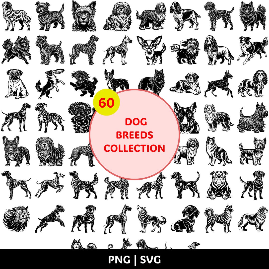 60 Dog Breeds SVG Bundle: Peeking Dog, Silhouettes, Line Art ...