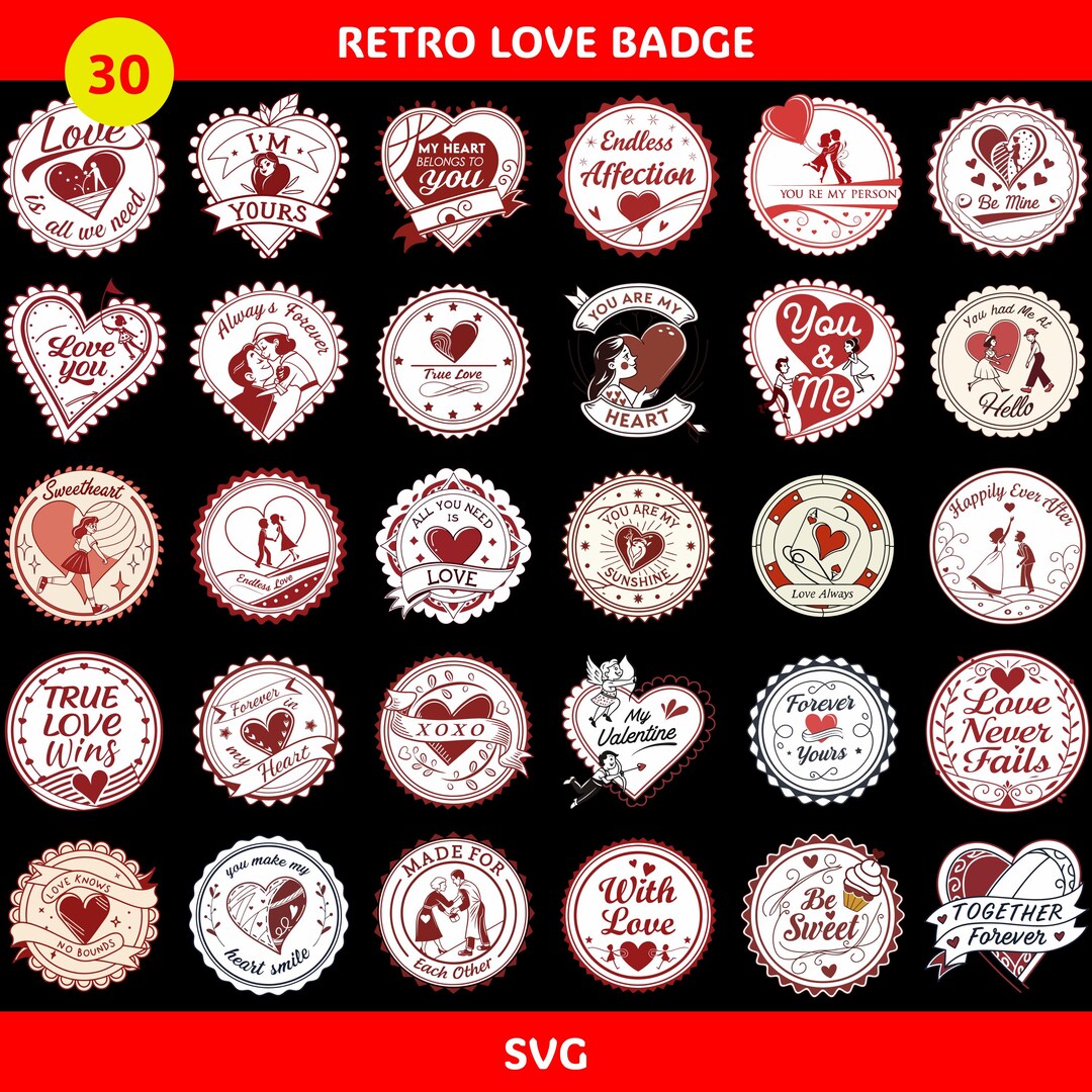 30 Retro Love Badge SVG: HEART Doodle, Heart Svg, Love Svg, Cute Heart ...