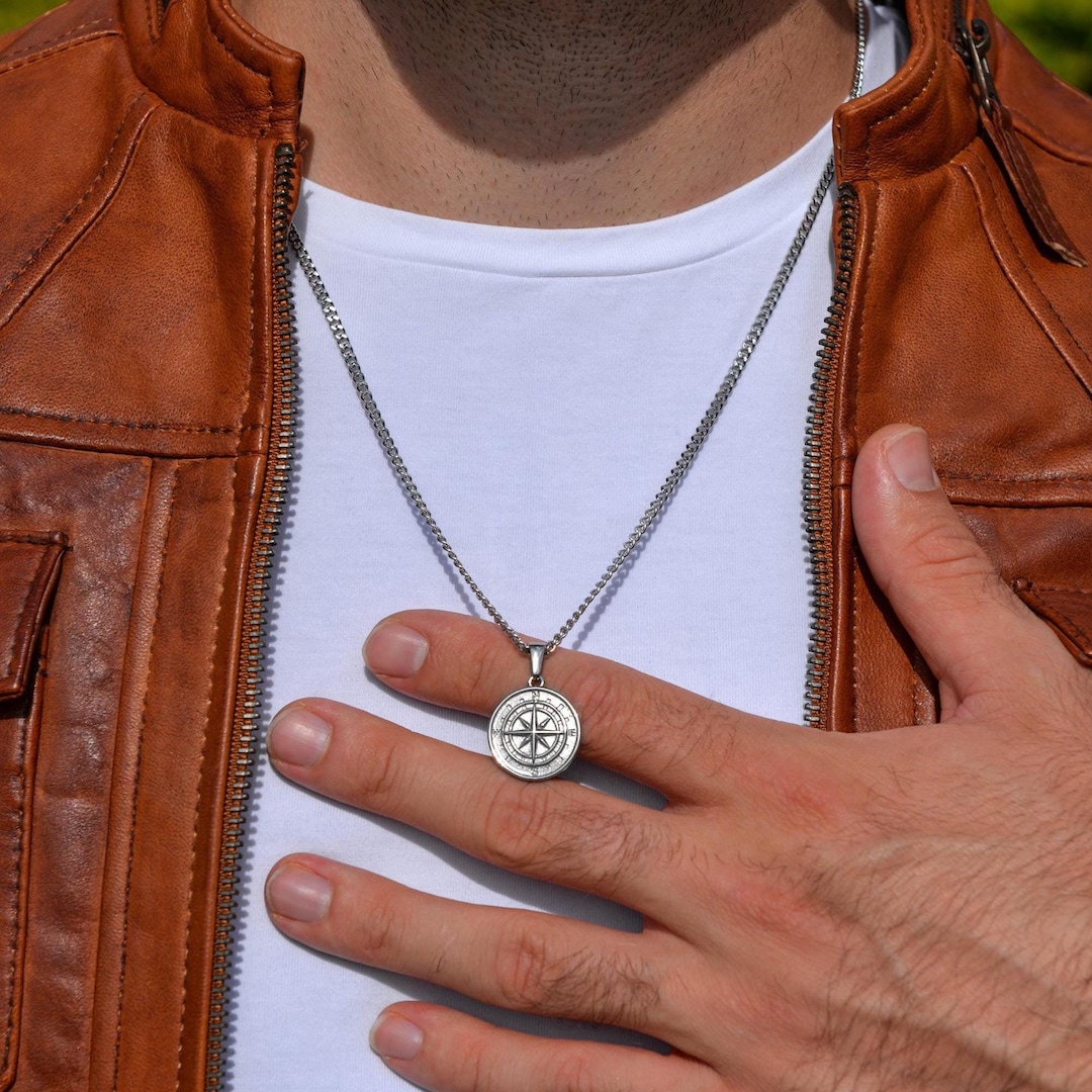 Engraved Compass Necklace for Men: Personalized Stainless Steel Pendant ...