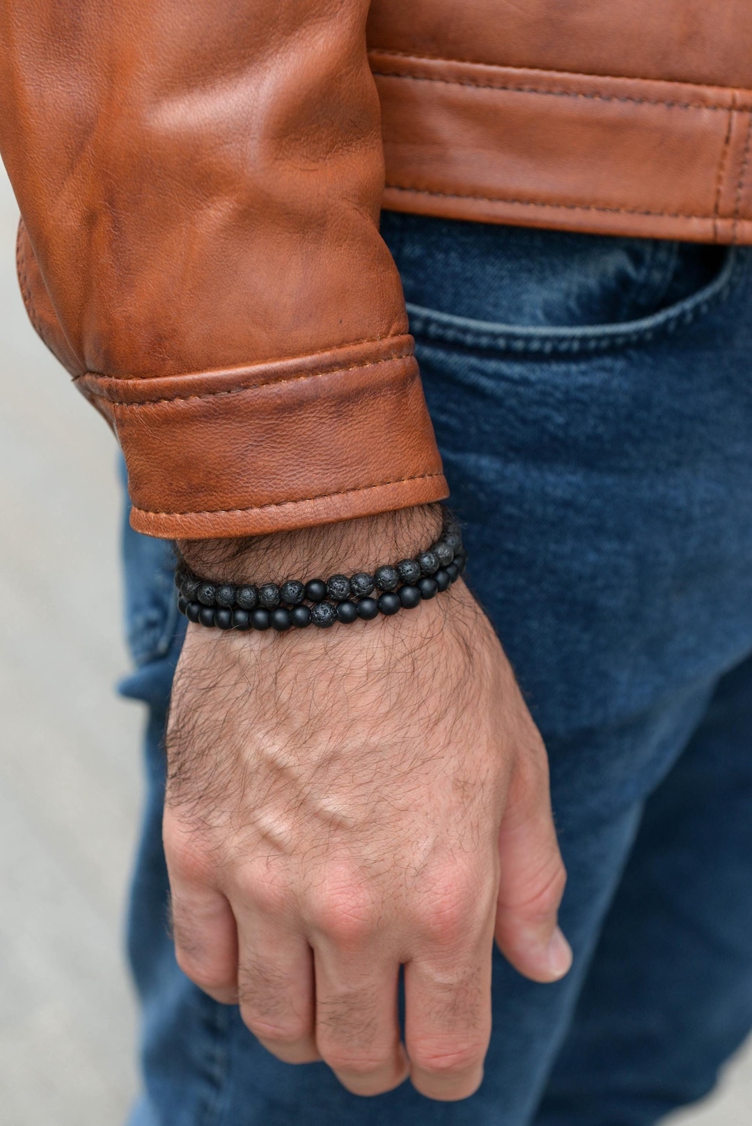 Mens Lava Stone Bead Bracelet - Matte Black Onyx With Lava Beads ...