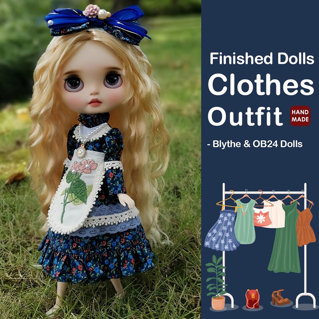 Traje de vestido de muñeca Blythe, vestido de muñeca OB24 terminado, vestido de flores azul ...