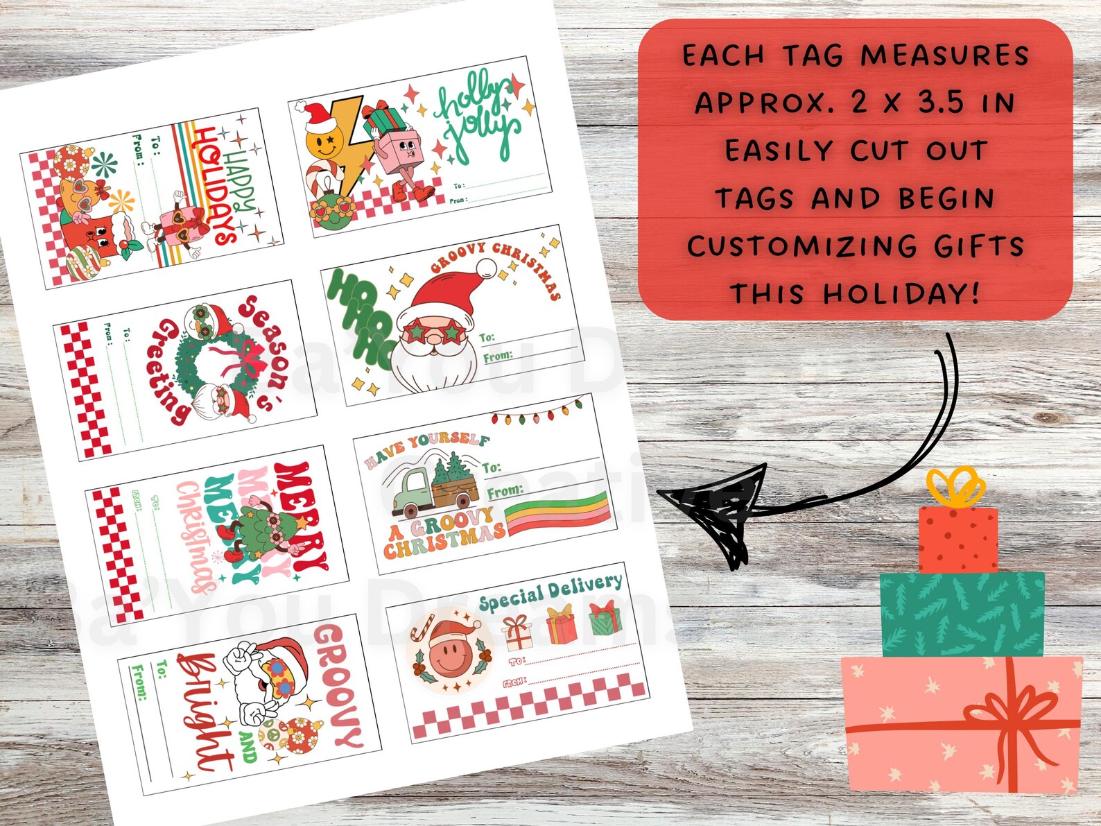 Printable Christmas Gift Tags, Retro Groovy Holiday Tags, Holiday Gift ...