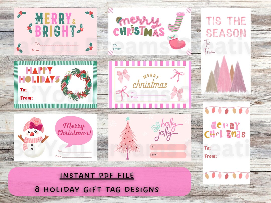 Buy Printable Christmas Gift Tags, Pink and Green Holiday Tags, Holiday ...