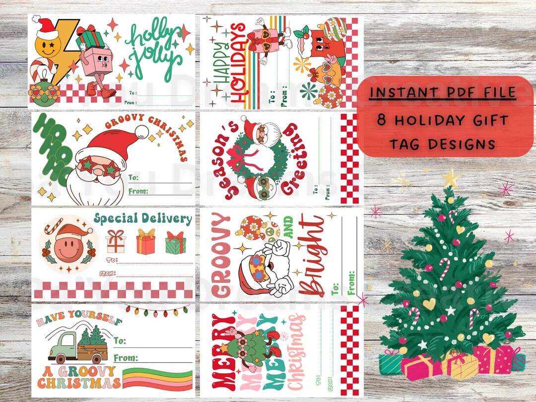 Printable Christmas Gift Tags, Retro Groovy Holiday Tags, Holiday Gift ...