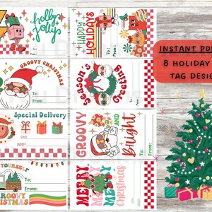 Printable Christmas Gift Tags, Retro Groovy Holiday Tags, Holiday Gift ...