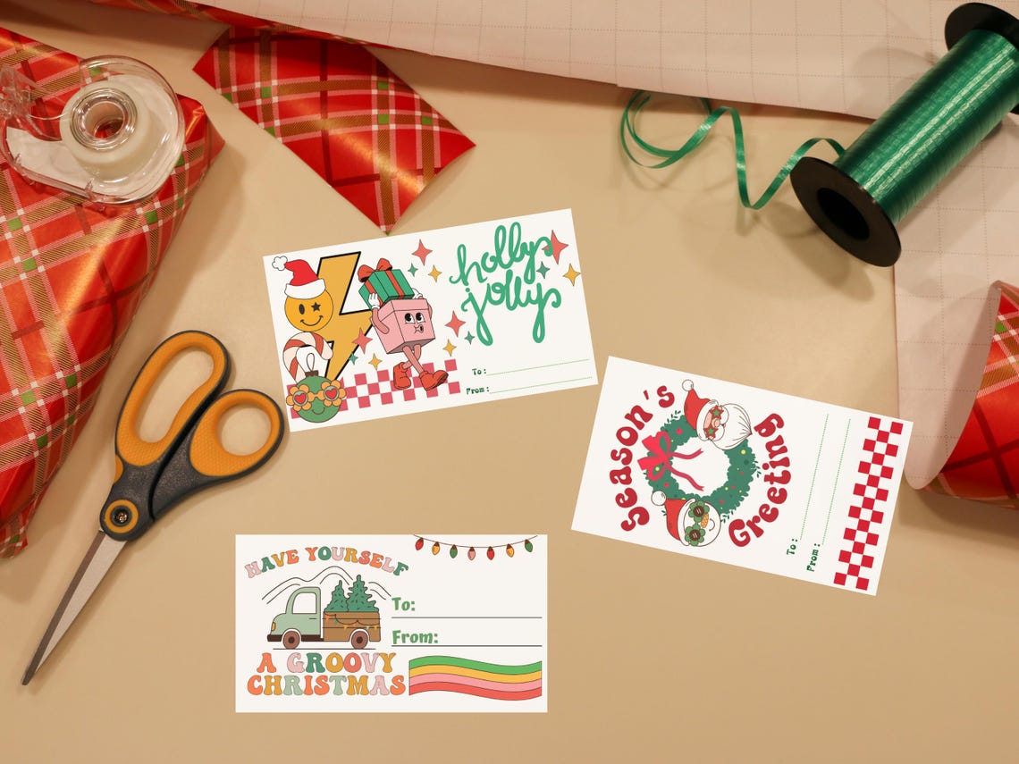 Printable Christmas Gift Tags, Retro Groovy Holiday Tags, Holiday Gift ...