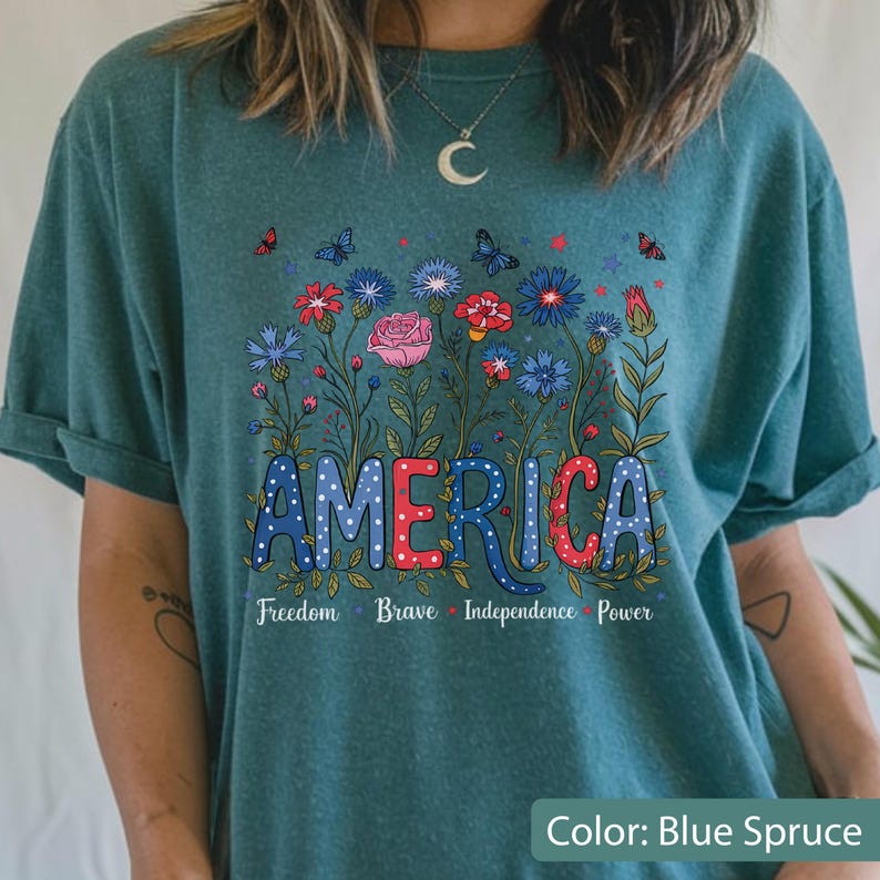 Floral America Comfort Colors® T-shirt, Patriotic USA Graphic Tee, Red ...