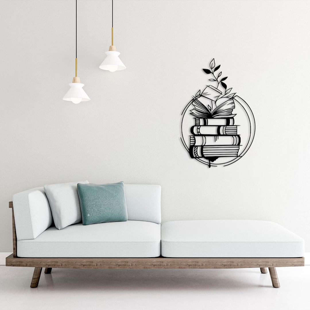 Stacked Books With Leaves Metal Wall Art, Literary-inspired Black Metal ...