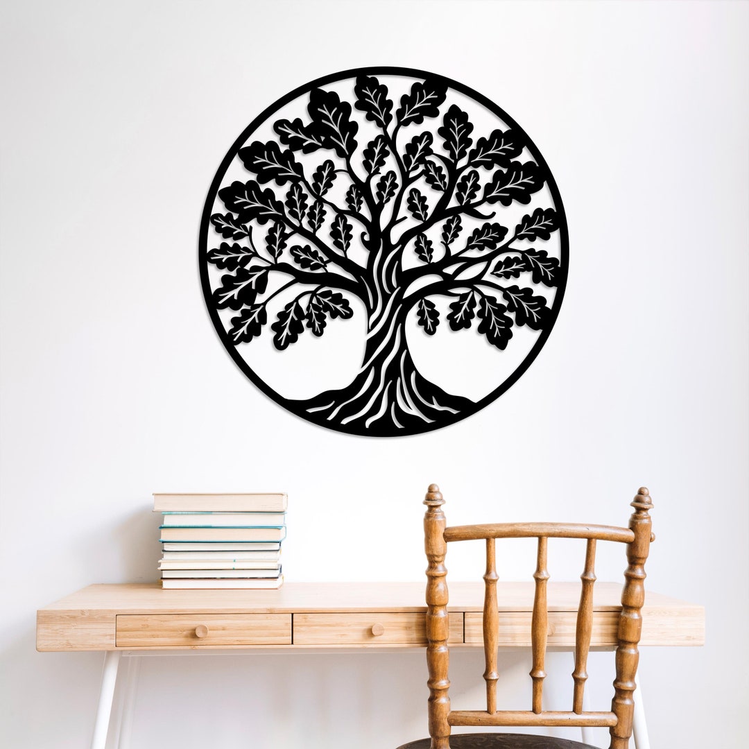 Large Metal Tree of Life Wall Art Decor, Black Round Tree Wall Hanging ...