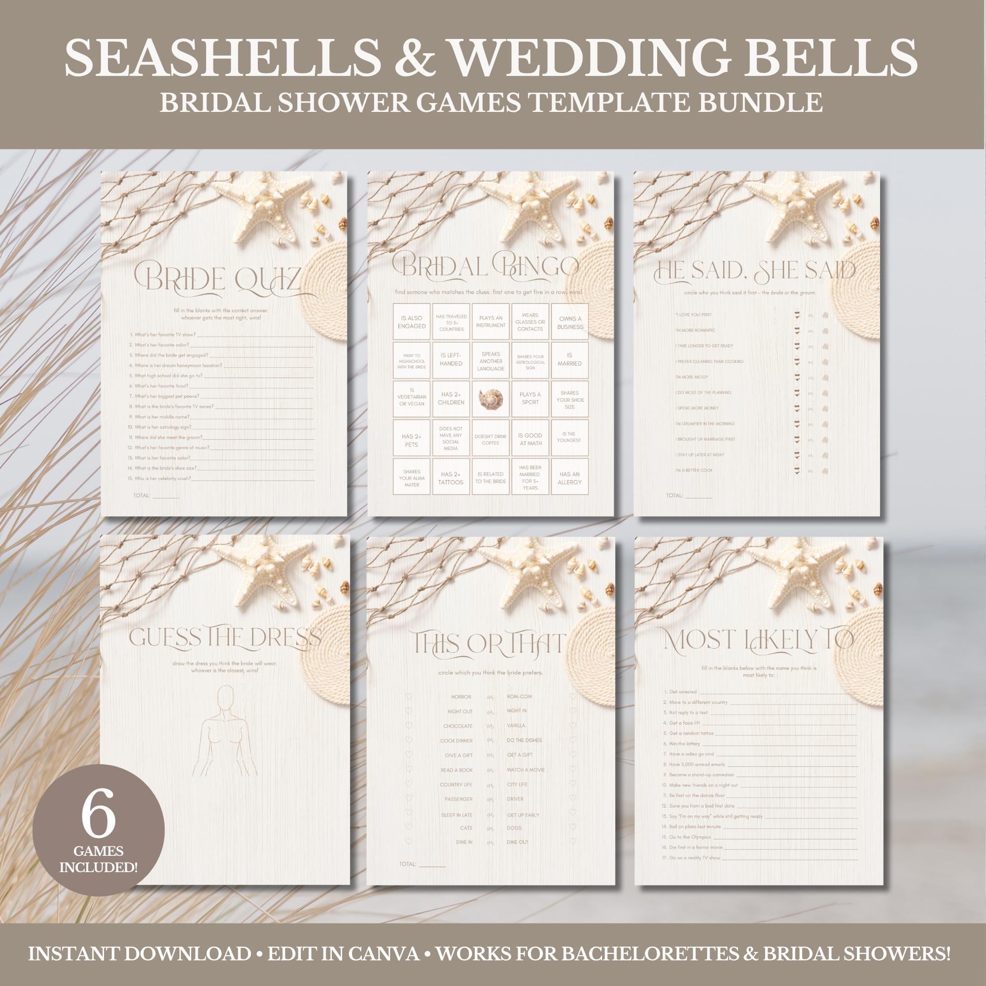 Seashell Bachelorette Party Games: Editable Bridal Shower Games ...