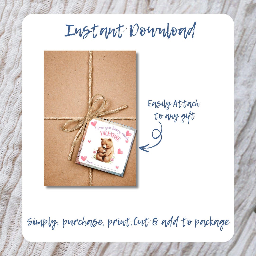 Valentine Class Tags Printable I Love You Beary Much Kids Gifts Instant ...