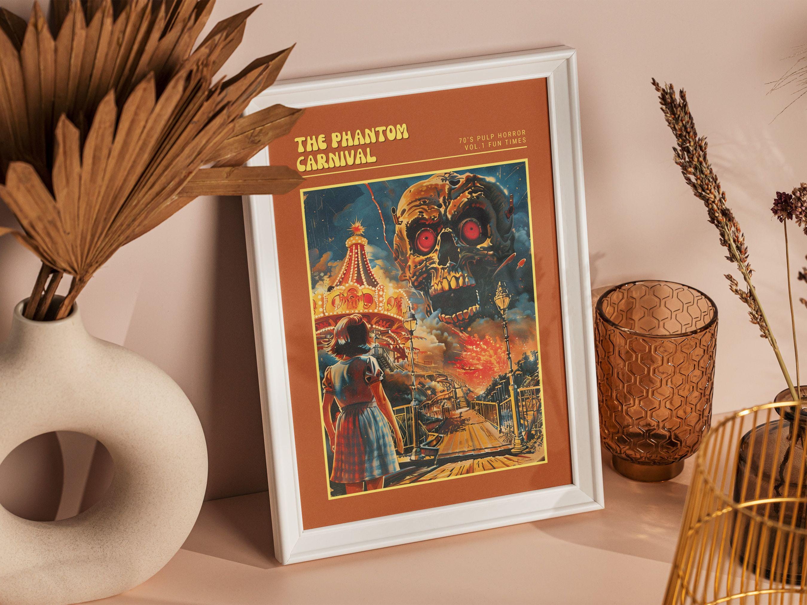 70's Pulp Horror Book Cover Wall Art, Orange Skull Poster Carnival Ride ...