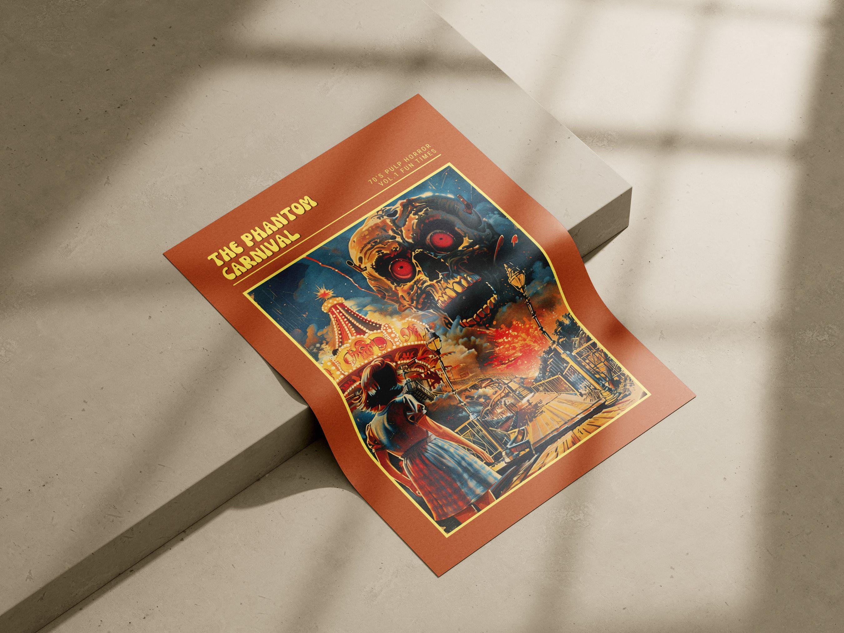 70's Pulp Horror Book Cover Wall Art, Orange Skull Poster Carnival Ride ...