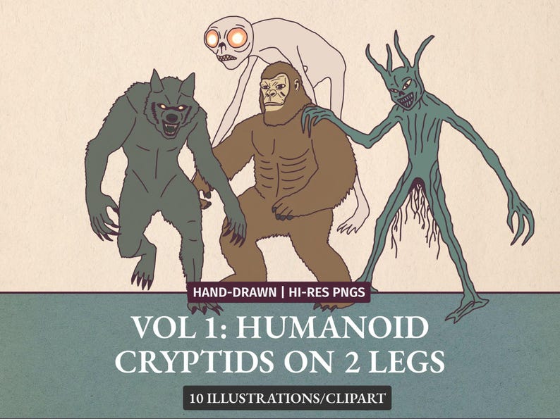 Humanoid Cryptids Clipart Illustration Pack Vol. 1 - Hand-drawn, Hi-res ...