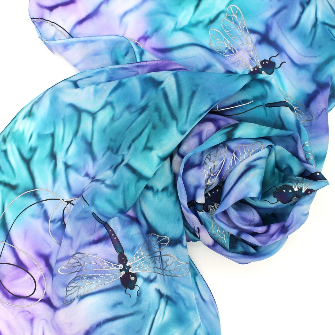 Hand Painted Silk Scarf Dragonflies Dragonfly Purple Turquoise Teal ...