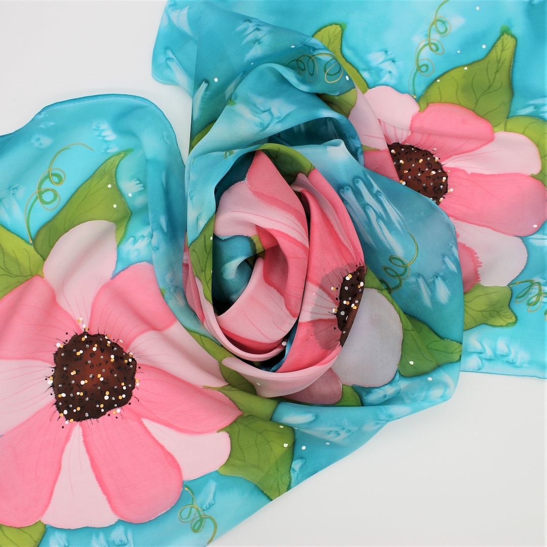 Hand Painted Silk Scarf - Pink Flowers Turquoise Blue Aqua Floral ...