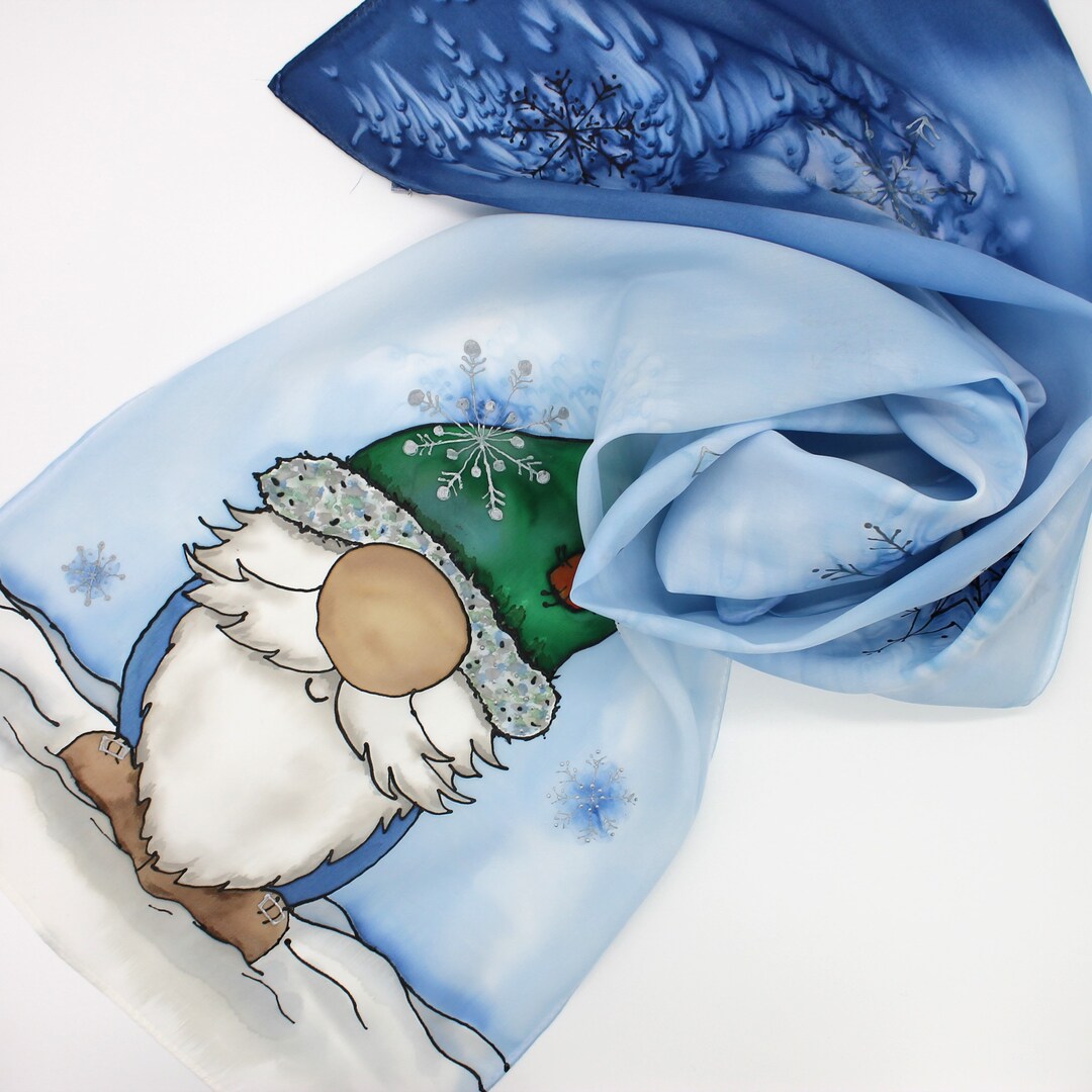 Hand Painted Silk Scarf Gnome Blue Winter Snowflakes Navy Green ...