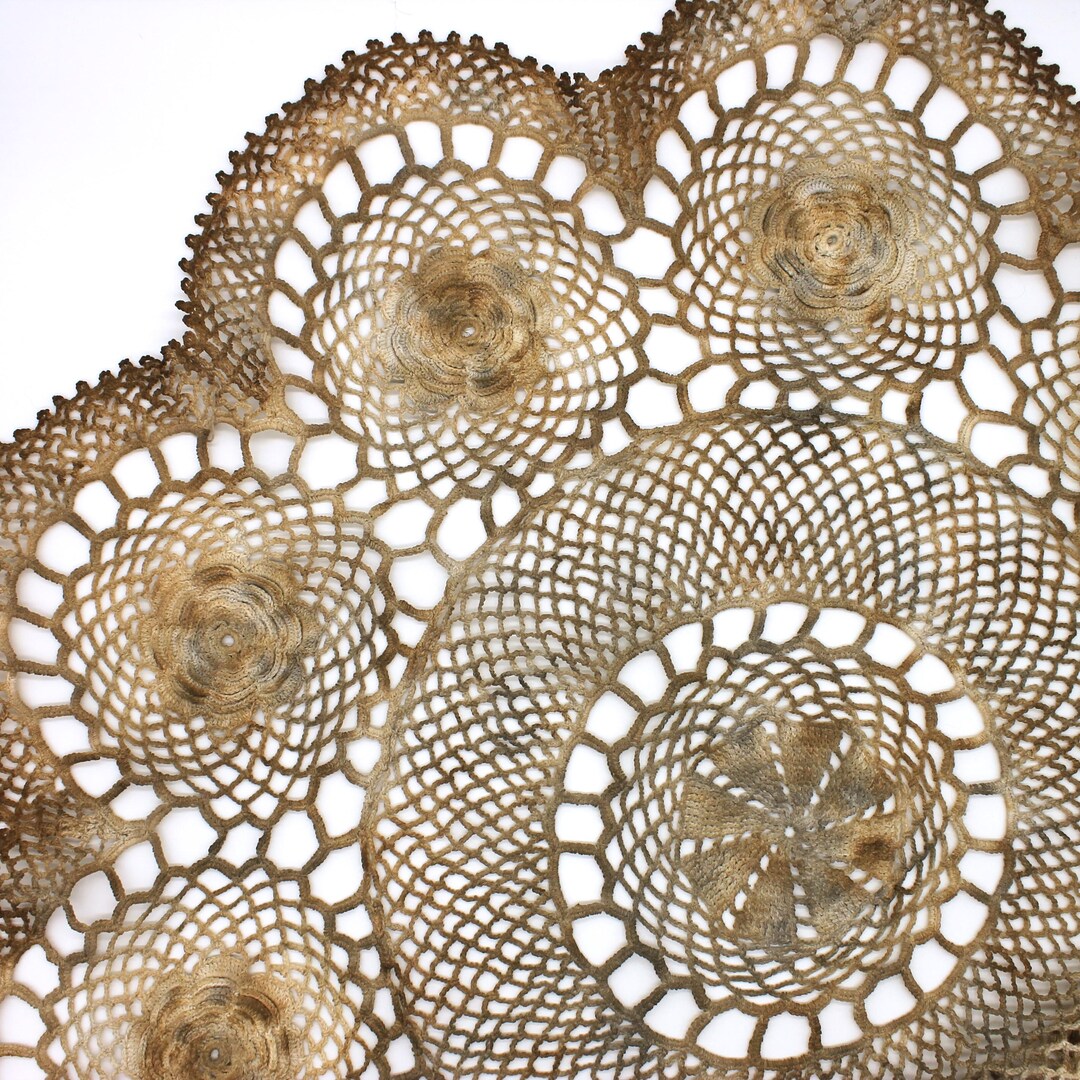 Hand Dyed Crochet Doily: Upcycled Tablecloth Brown Gray Beige - Etsy