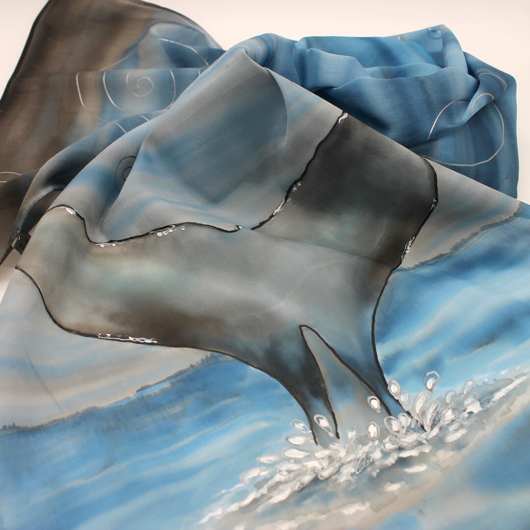 Hand Painted Silk Scarf - Whale Tail Navy Blue Gray Black Silver Ocean ...