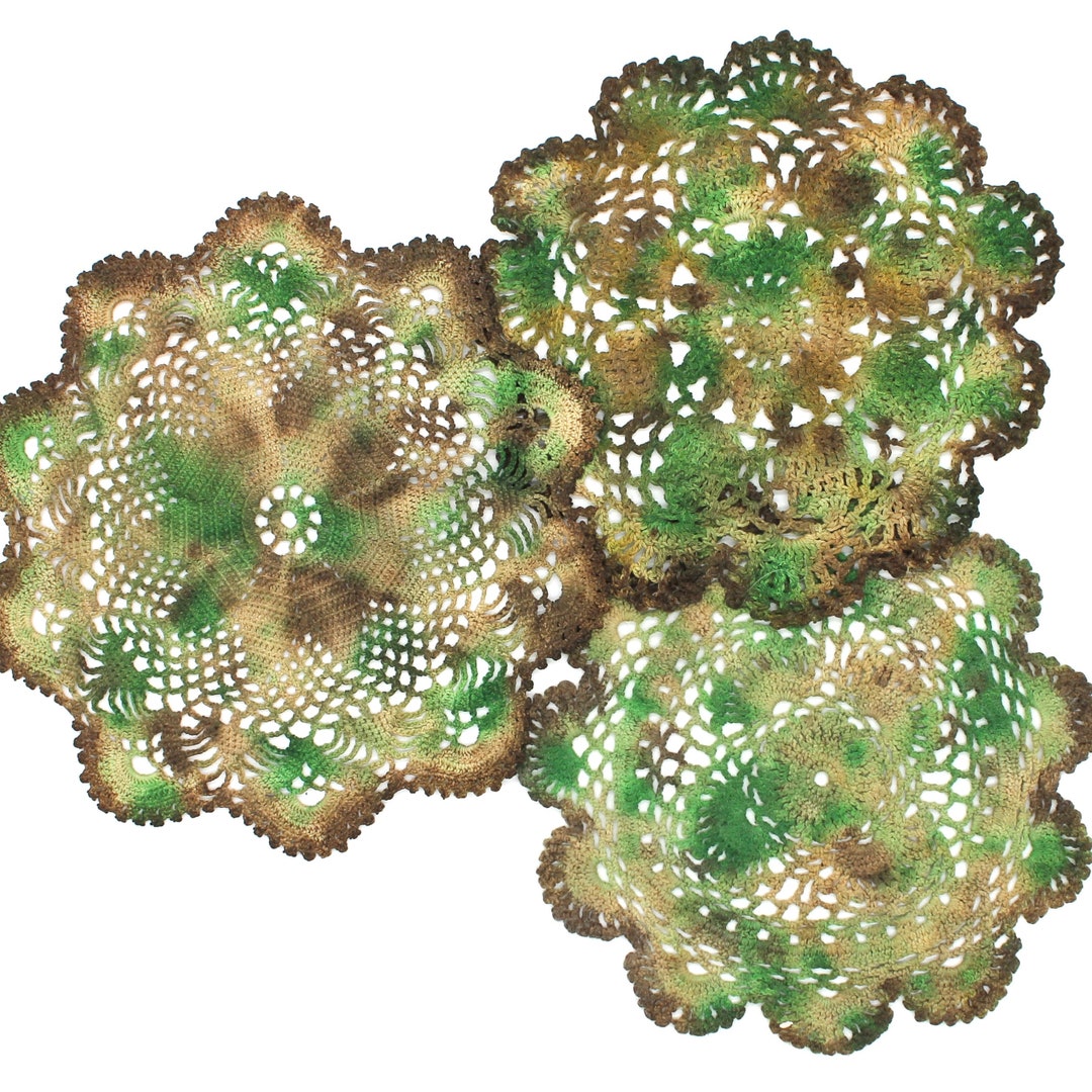Hand Dyed Doily Set Green Brown Beige Rustic Forest Hunter Camo Home ...