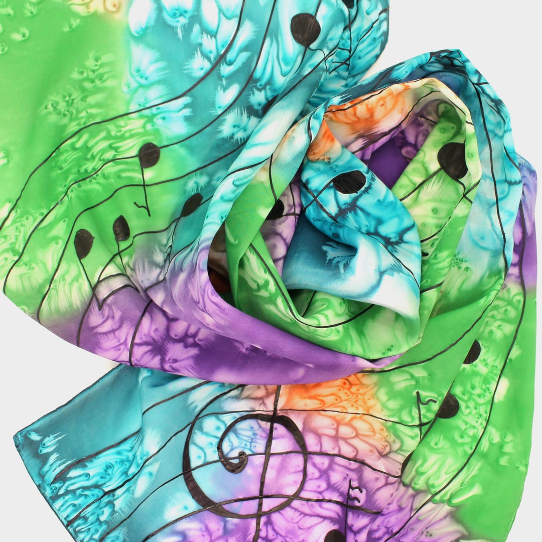 Hand Painted Silk Scarf Music Notes Musical Purple Green Orange ...