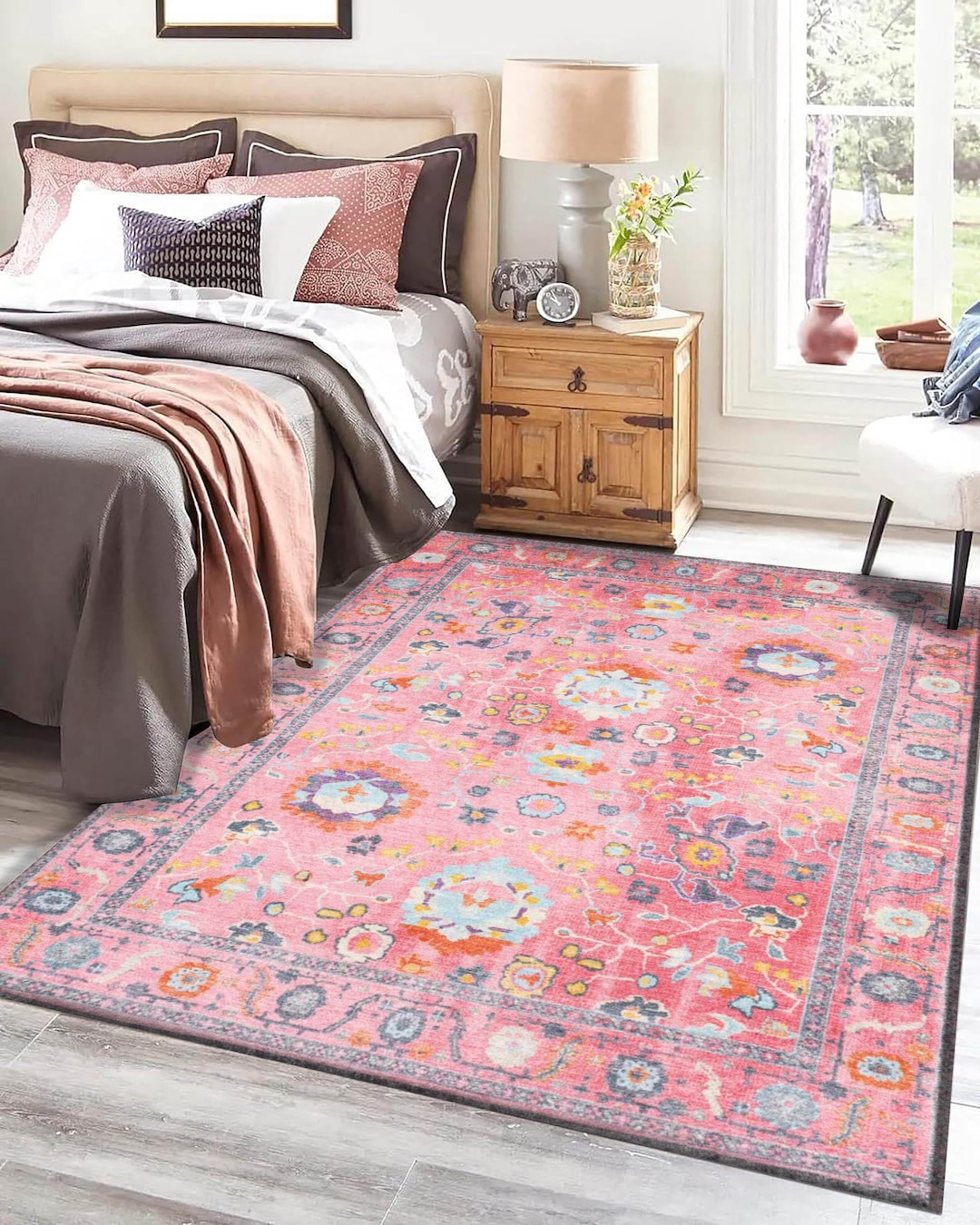 Pink Floral Area Rug: Modern Washable Rug for Bedroom or Kitchen, Home ...