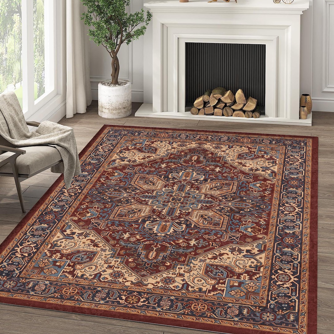 Burgundy Oriental Rug, Rug for Bedroom Aesthetic, Classical Patterned ...