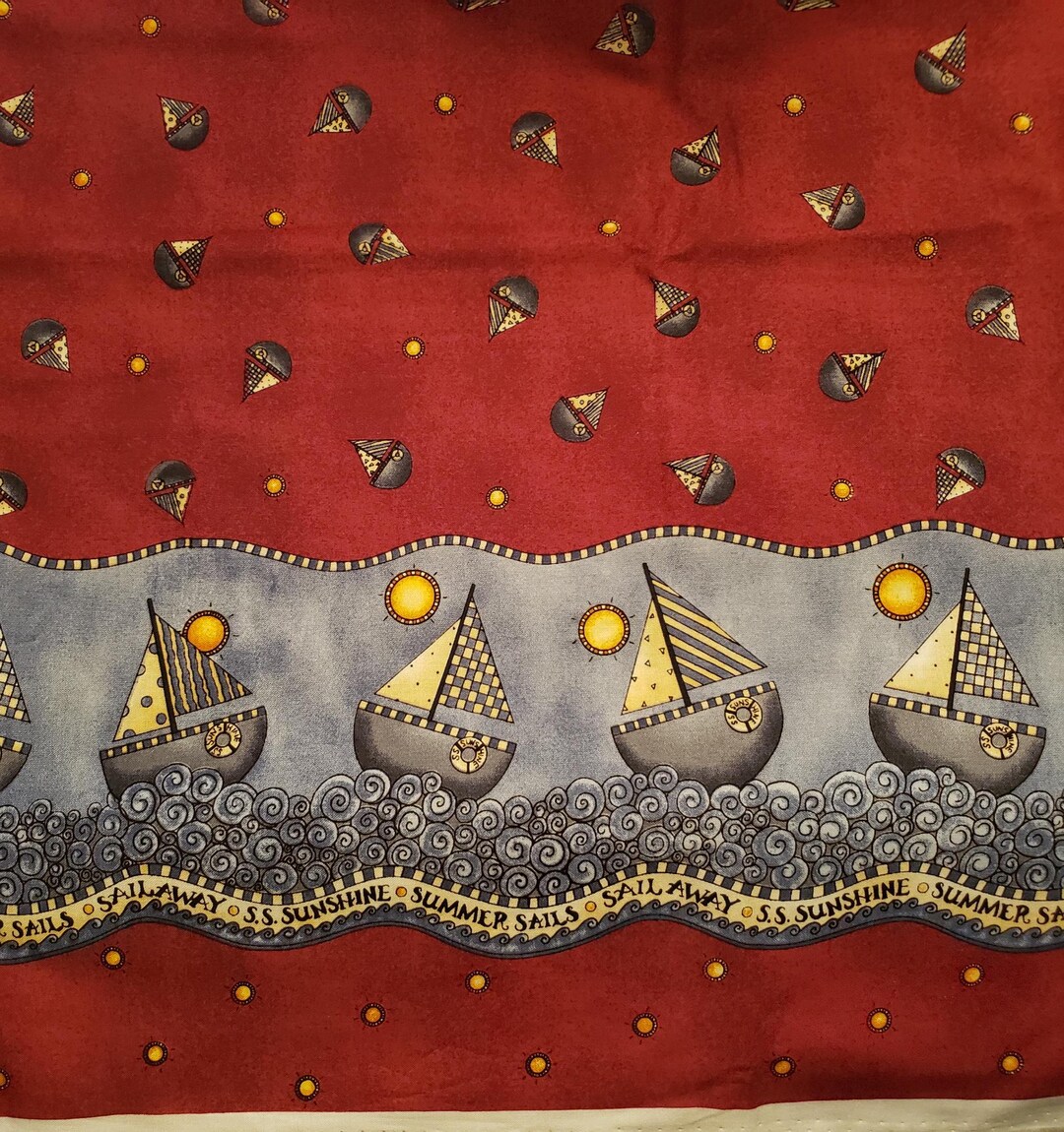 Sailboat Themed Border Print Quilt Fabric Dark Red Rust and Blue Summer ...