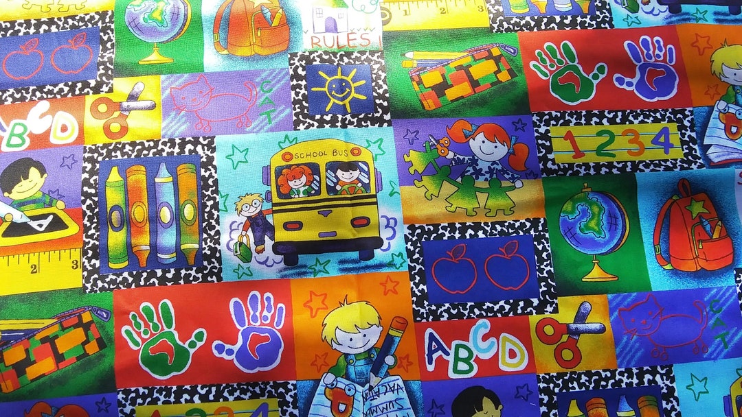 School Themed Fabric Kinder Kids Patch Classroom Print Backpacks ...