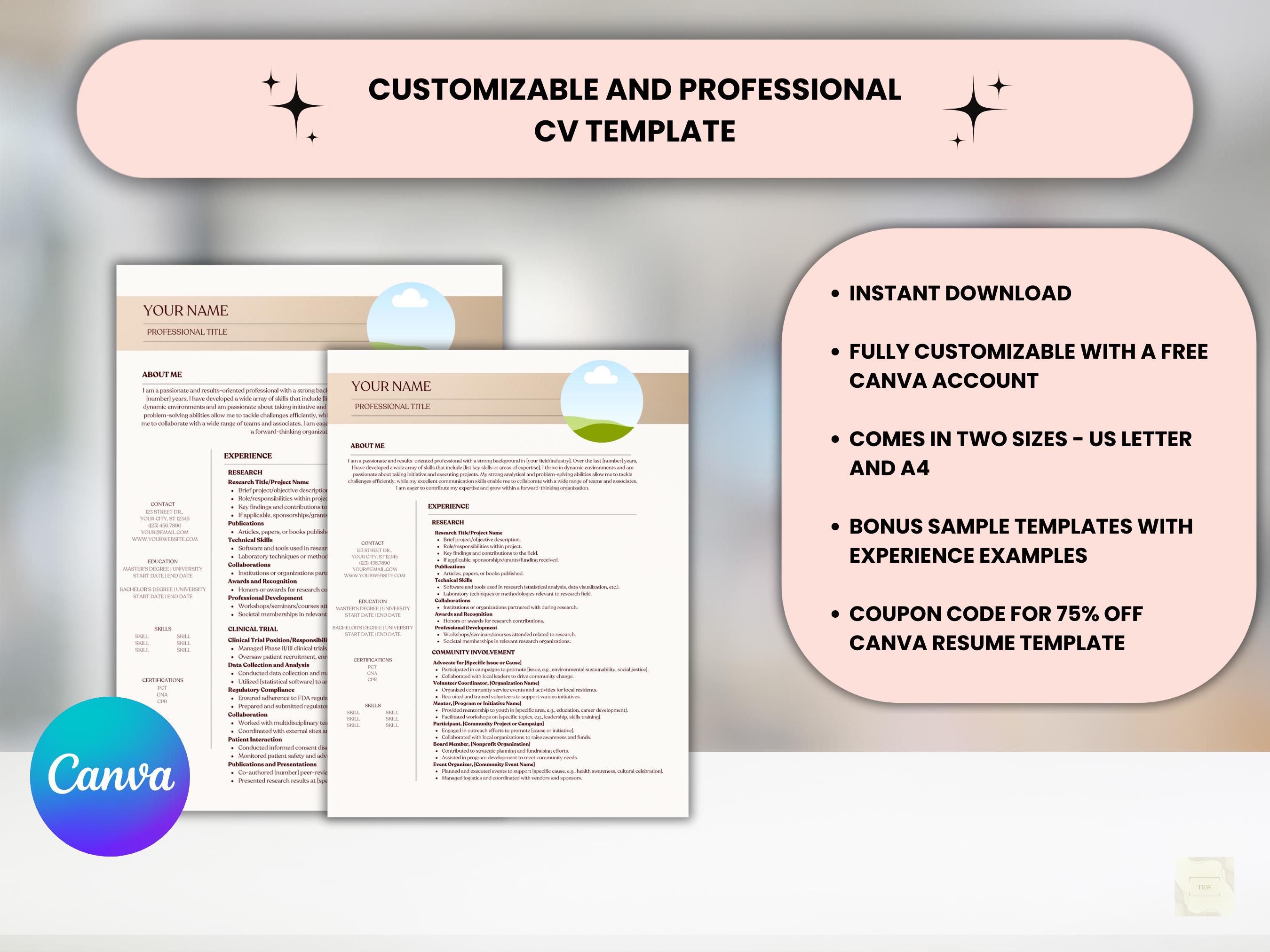 Cv Resume Template, Cv Canva Template, Editable Canva Template, Cv Temp ...