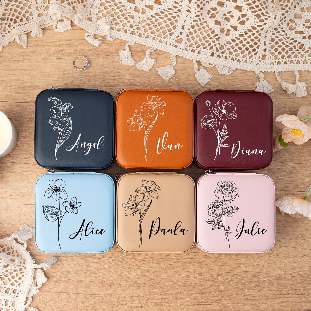Personalised Jewellery Box,birth Flower Jewellery Box,pu Leather ...