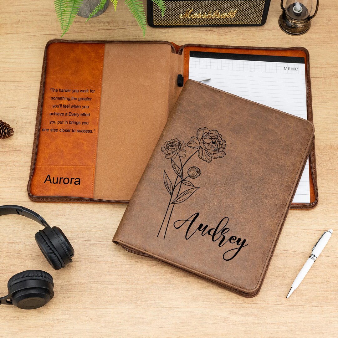 Personalised Birth Flower Refillable Portfolio, Custom Leather ...