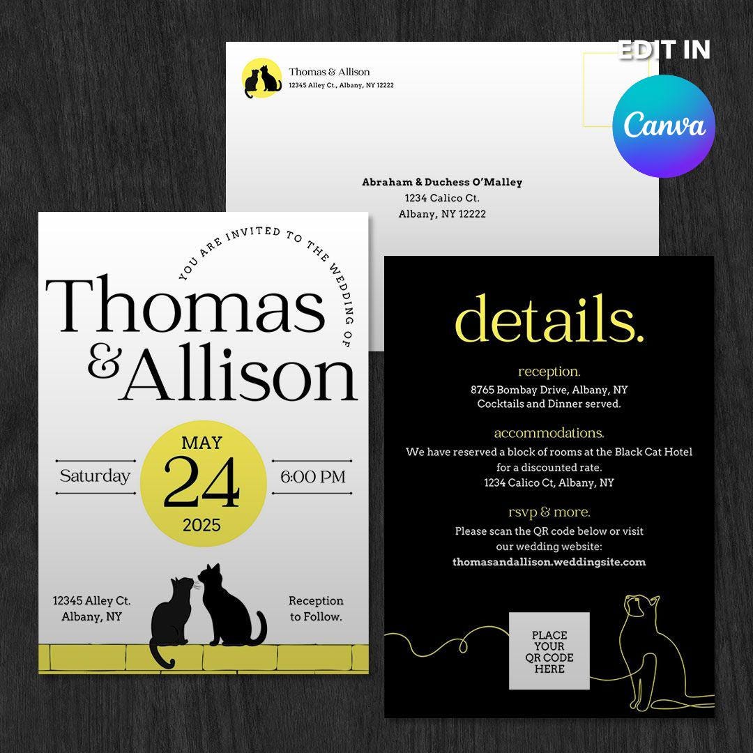 Black Cat Modern Black and Yellow Minimalist Wedding Party Invitation ...