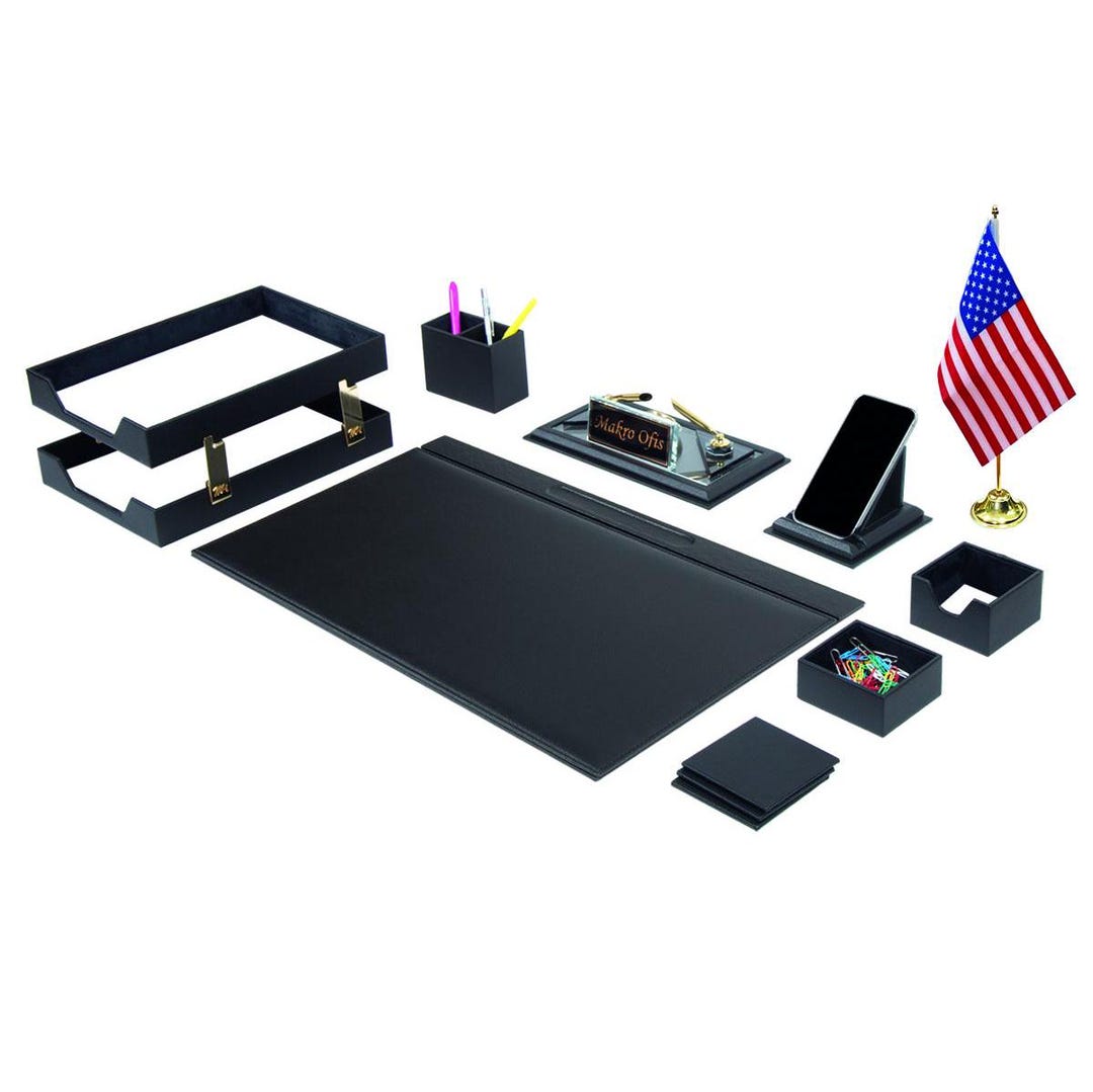 Leather Desk Set| Desk Pad | Table Flag With Stand | Leather Desk ...
