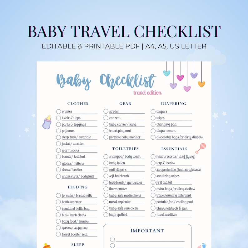 Baby Travel Checklist Printable | Editable Packing List (PDF) - Etsy
