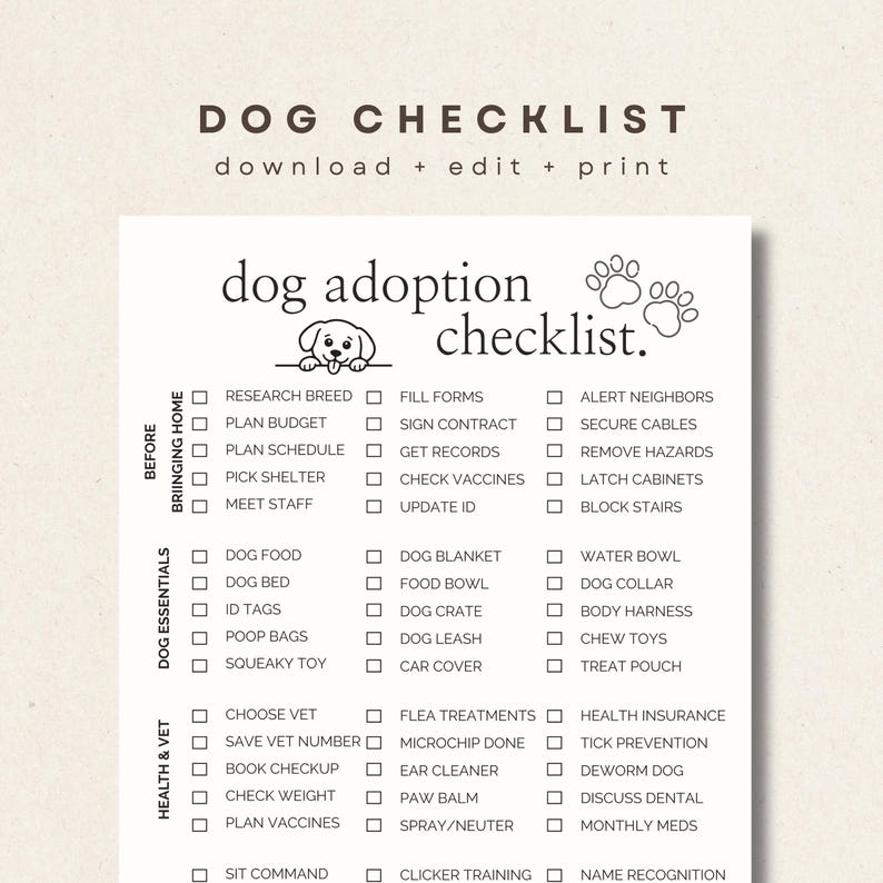 New Dog Owner Checklist - Printable Dog Adoption Essentials & Pet Setup ...