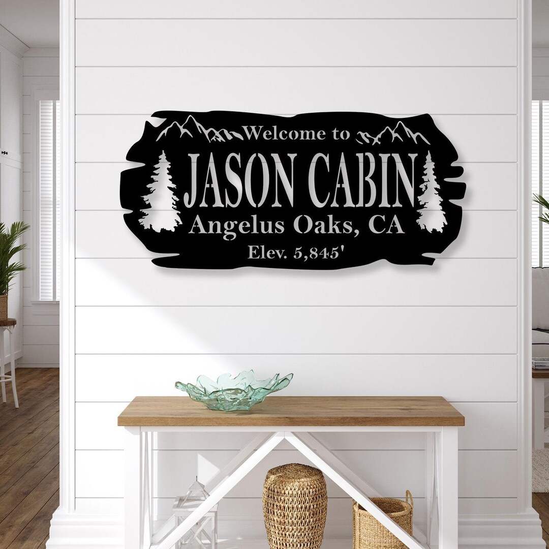 Customized Metal Cabin Name Sign, Mountain Themed Pine Tree Address ...