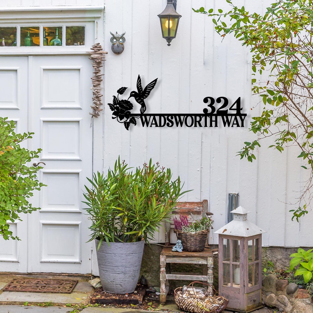 Metal Hummingbird Address Sign, Custom Branch Bird House Number Address ...