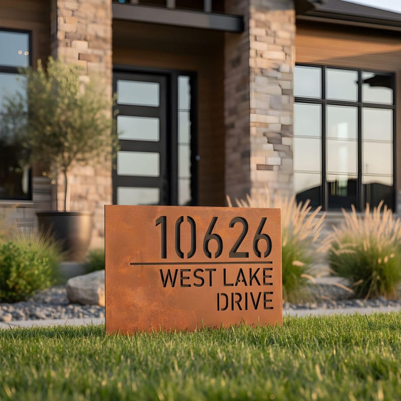 Custom Steel Address Yard Sign, Modern Stake Address Sign, House ...