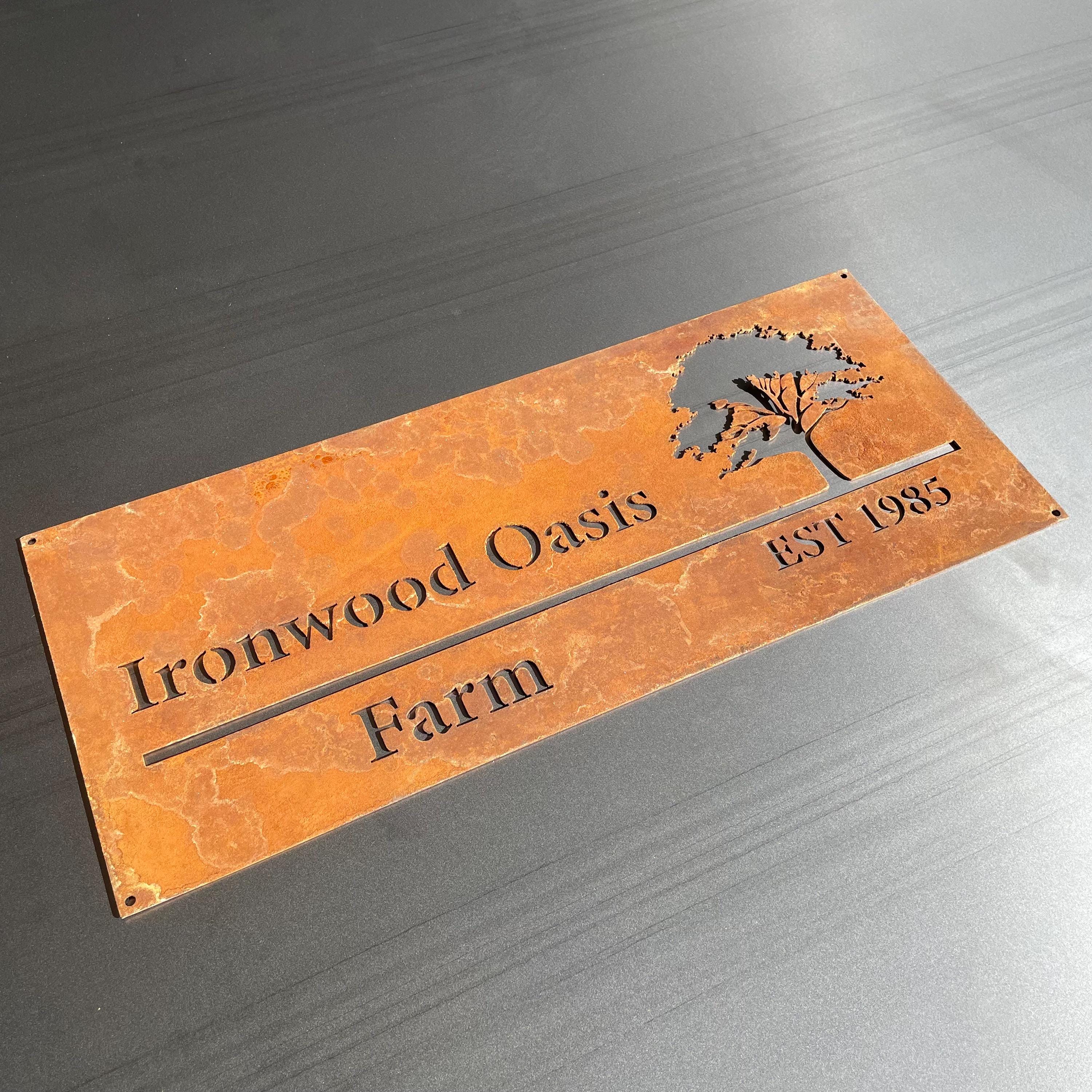 Customized Metal Rusted Farm Name Sign With Tree, Farm and Ranch Owner ...
