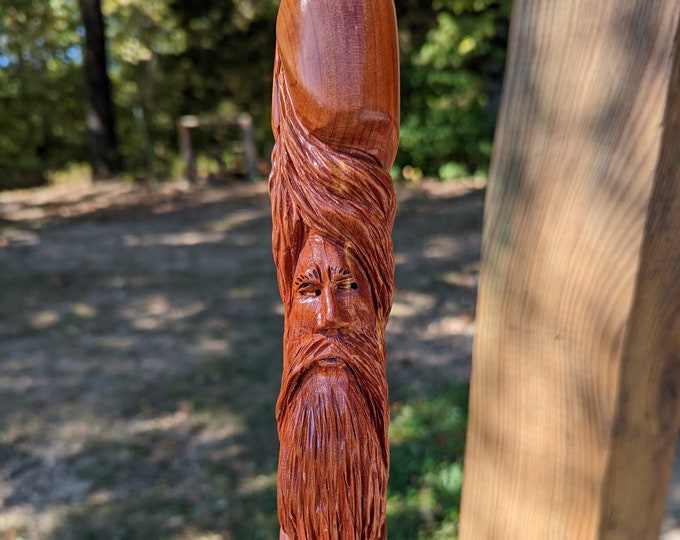 Cedar Walking Stick With Wood Spirit Face Carving, Carved Hiking Stick ...
